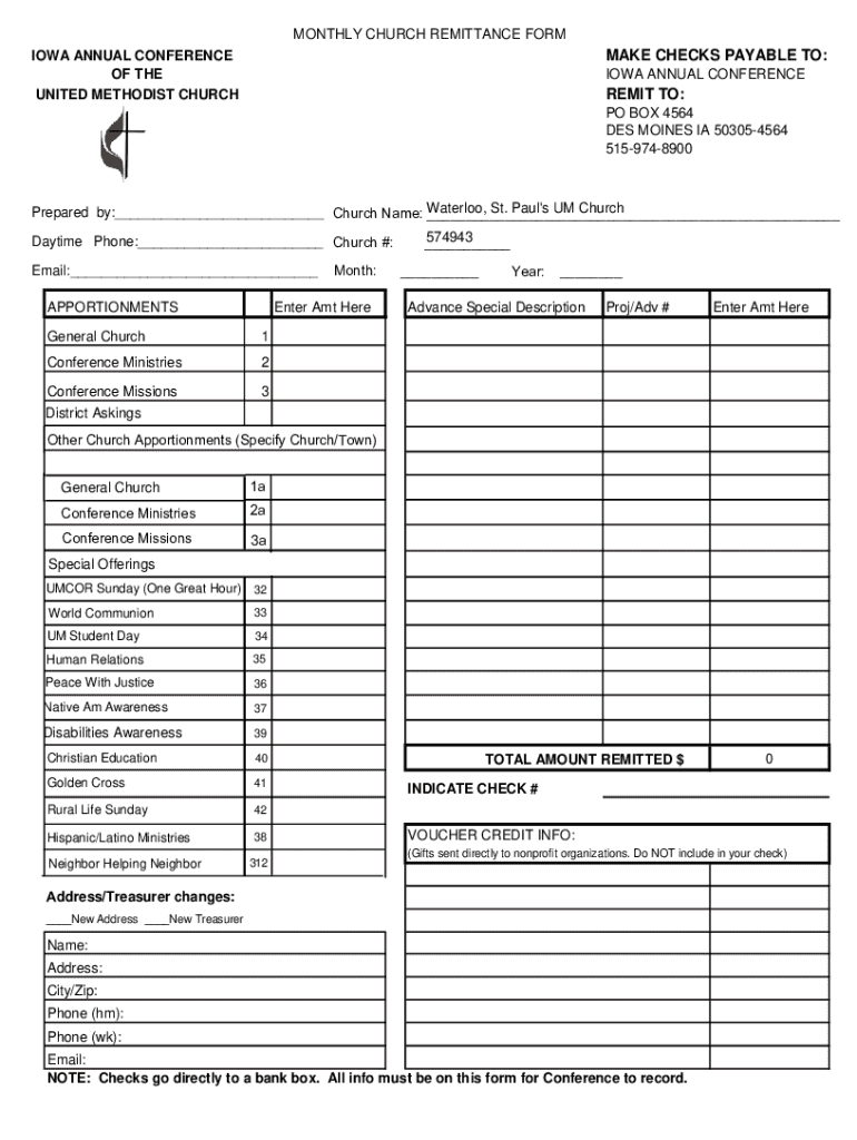 Fillable Online Monthly Church Remittance Form Fax Email Print - pdfFiller
