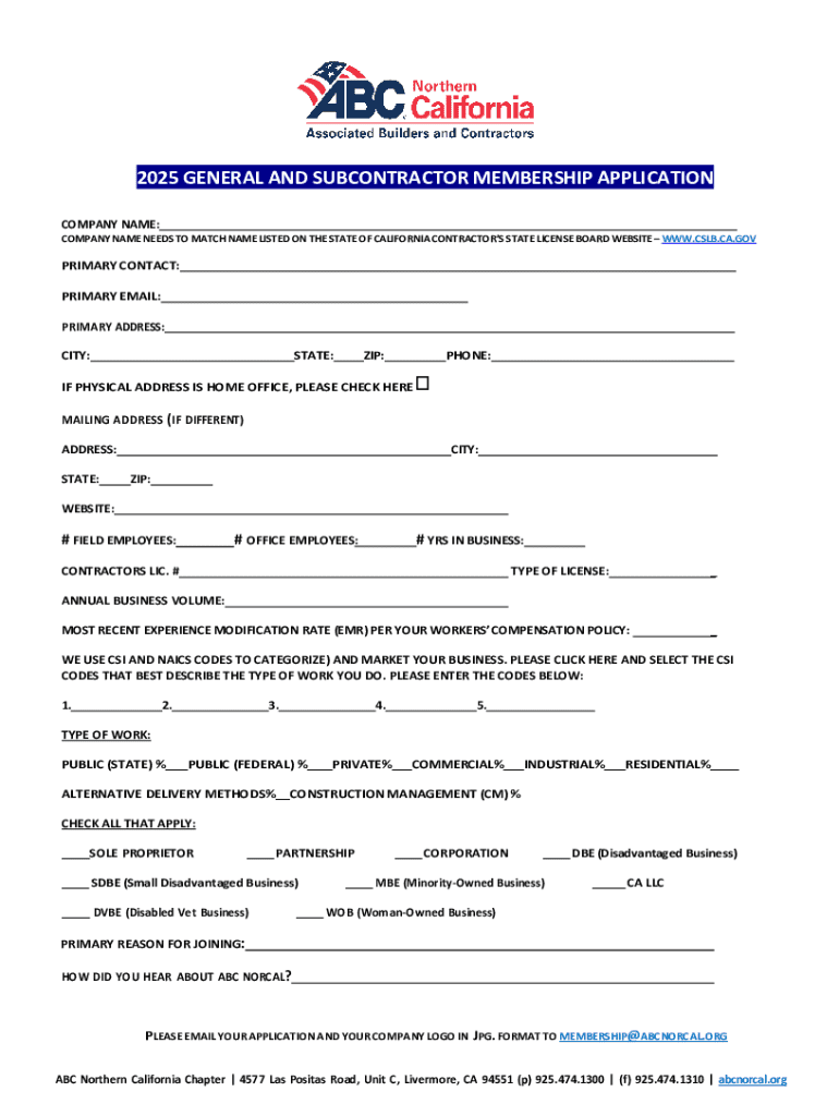 Fillable Online 2025 General and Subcontractor Membership Application Fax Email Print - pdfFiller