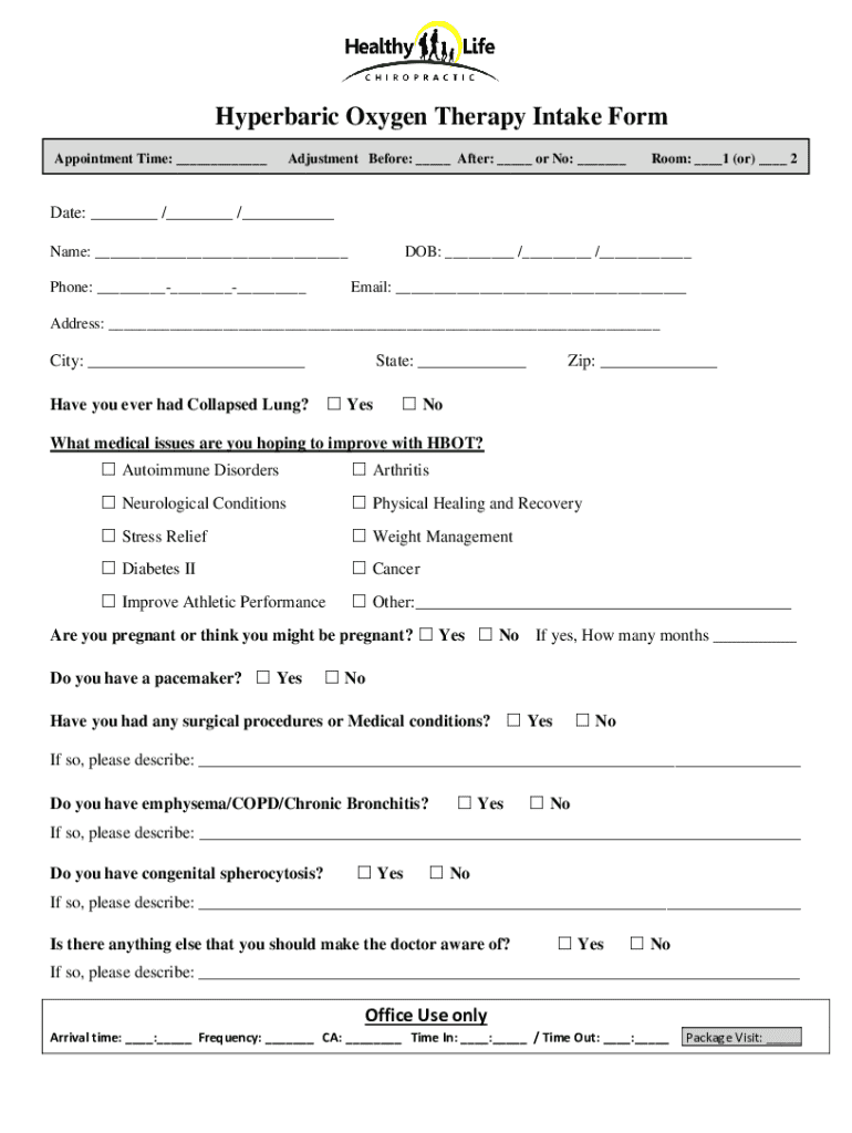 Fillable Online Hyperbaric Oxygen Therapy Intake Form Fax Email Print ...