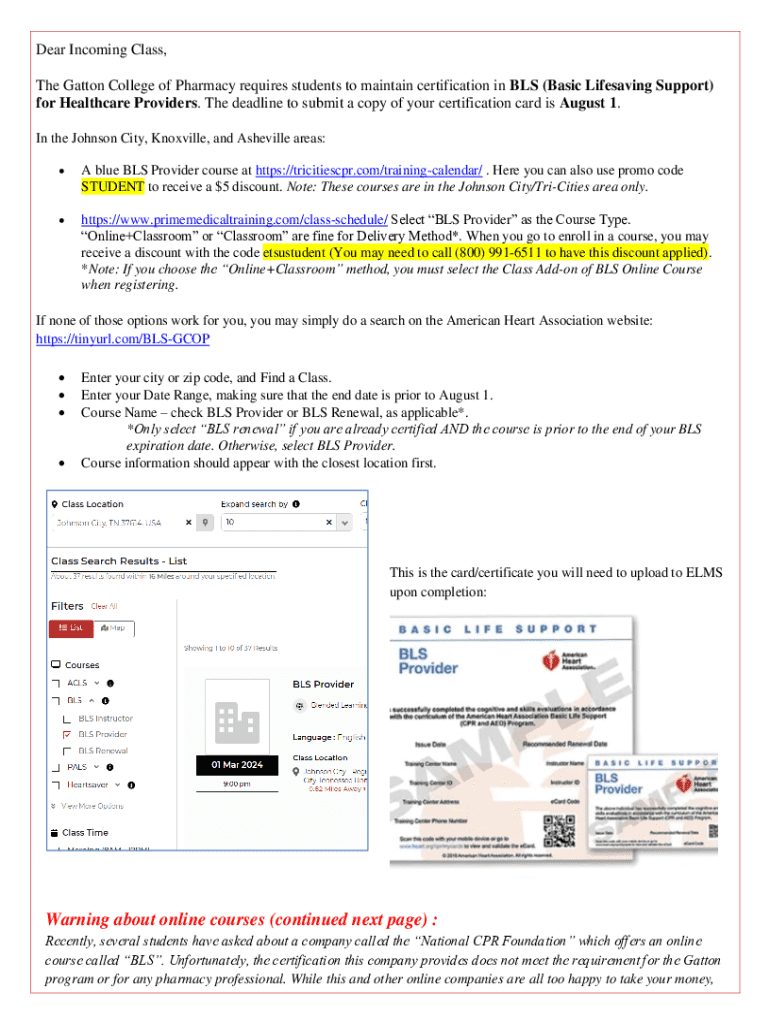 Fillable Online Bls Certification Requirements for Incoming Pharmacy Students Fax Email Print ...