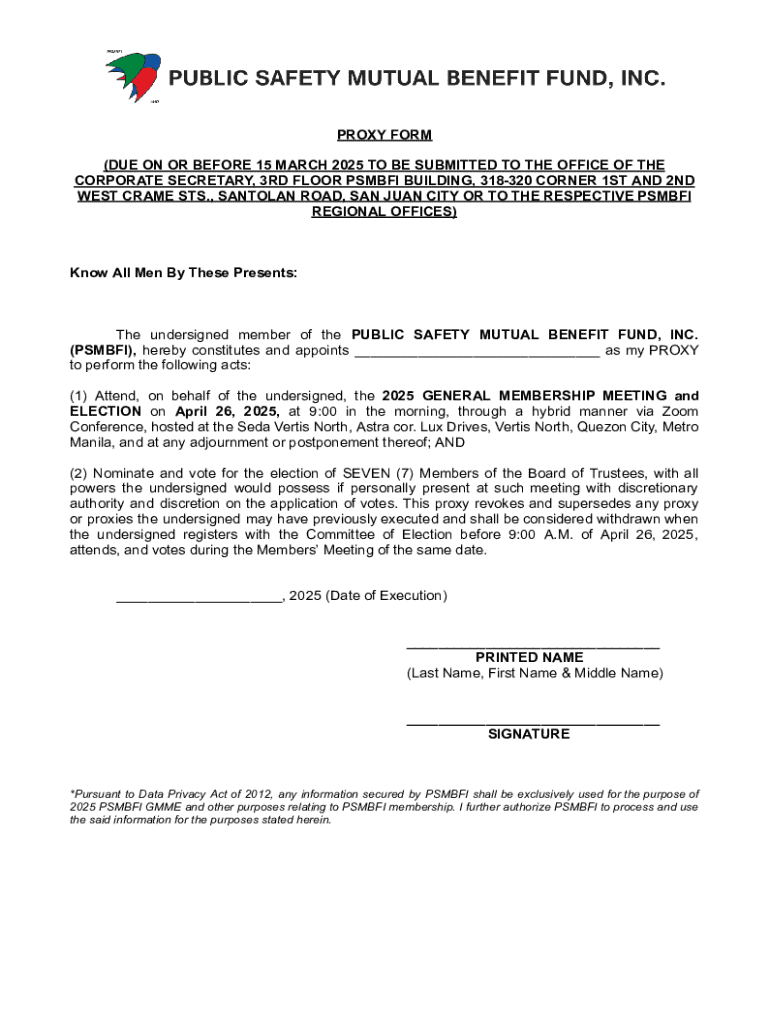 Fillable Online Proxy Form for Psmbfi General Membership Meeting Fax Email Print - pdfFiller