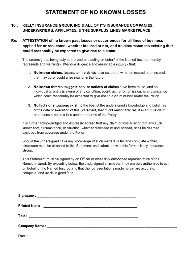 Fillable Online Statement of No Loss Template blank, sign and fill ...