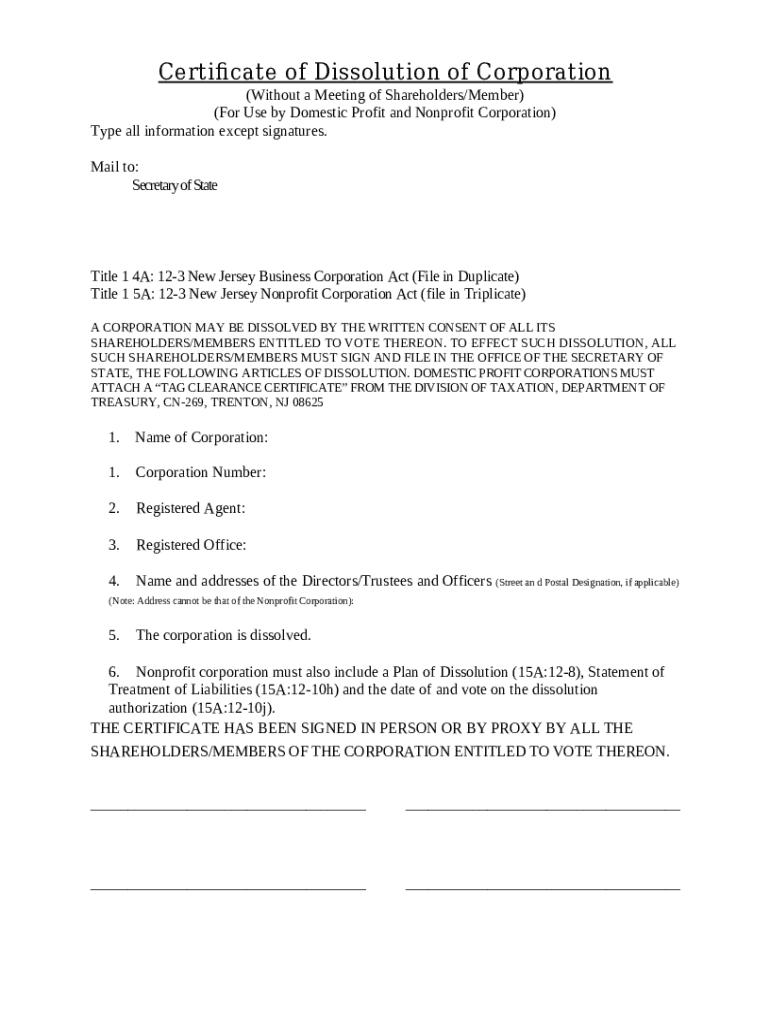 Short Dissolution Certificate ( DSF STK) Doc Template | pdfFiller