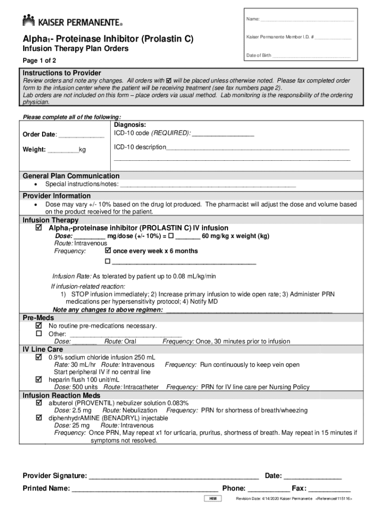 Fillable Online ALPHA1-PROTEINASE INHIBITOR (HUMAN) ORDER FORM Fax ...