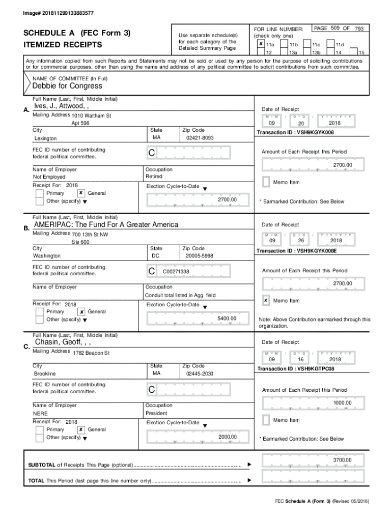 Fillable Online SCHEDULE A (FEC Form 3) ITEMIZED RECEIPTS Debbie for ...