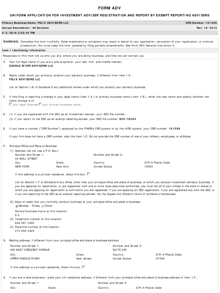 Fillable Online Primary Business Name: FELIX ADVISORS LLC Fax Email Print - pdfFiller