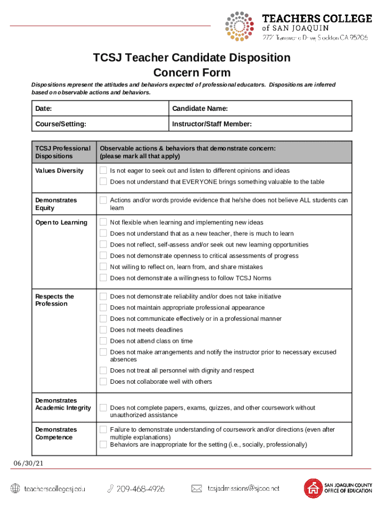 Teacher Candidate Disposition Assessment Doc Template | pdfFiller