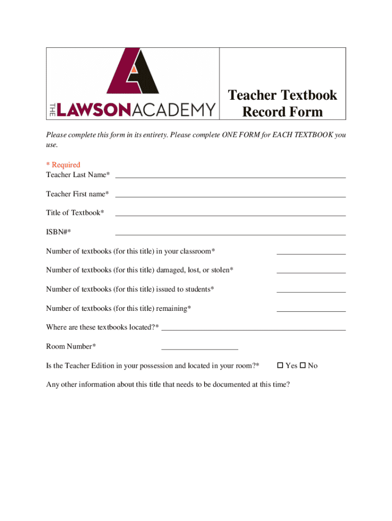 Fillable Online Teacher Textbook Record Form Fax Email Print - pdfFiller