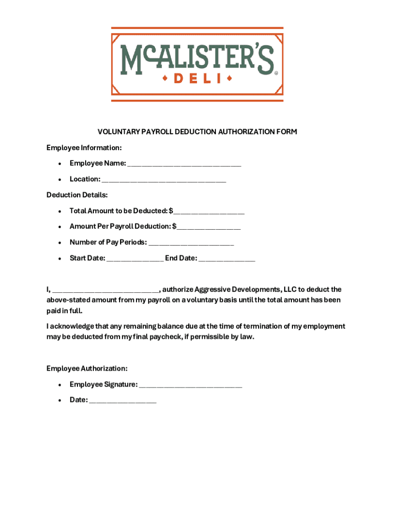 Fillable Online Payroll Deduction Authorization Template Excel & Word ...