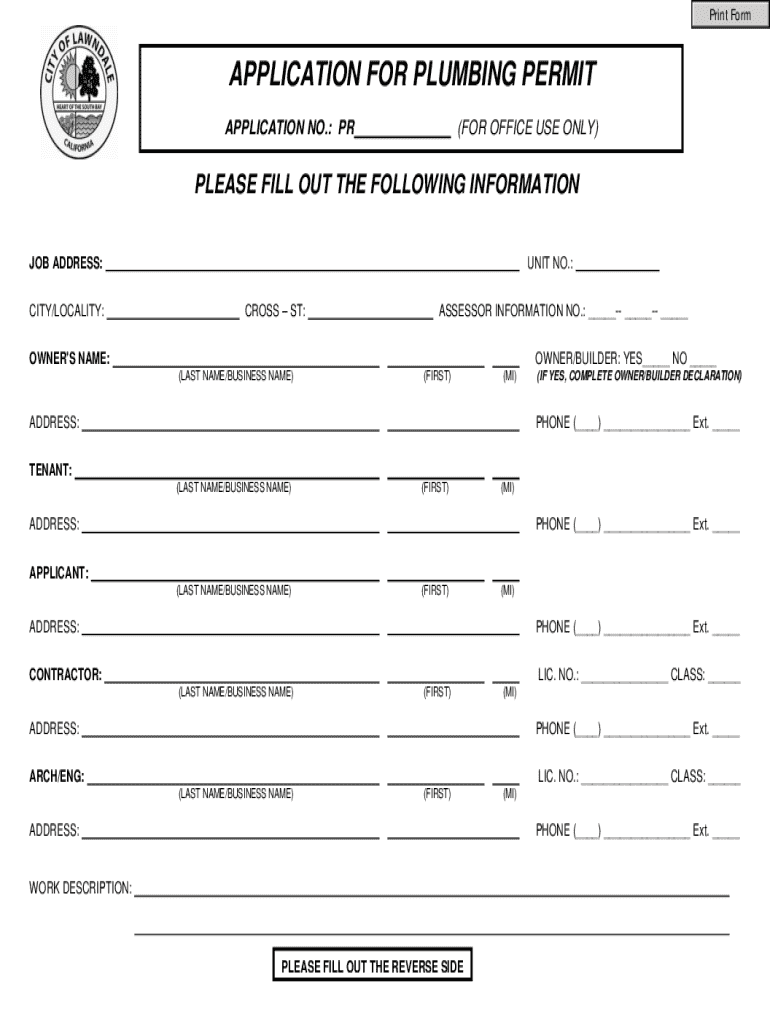 Fillable Online Plumbing Permit ApplicationFill Out and Use This PDF Fax Email Print - pdfFiller