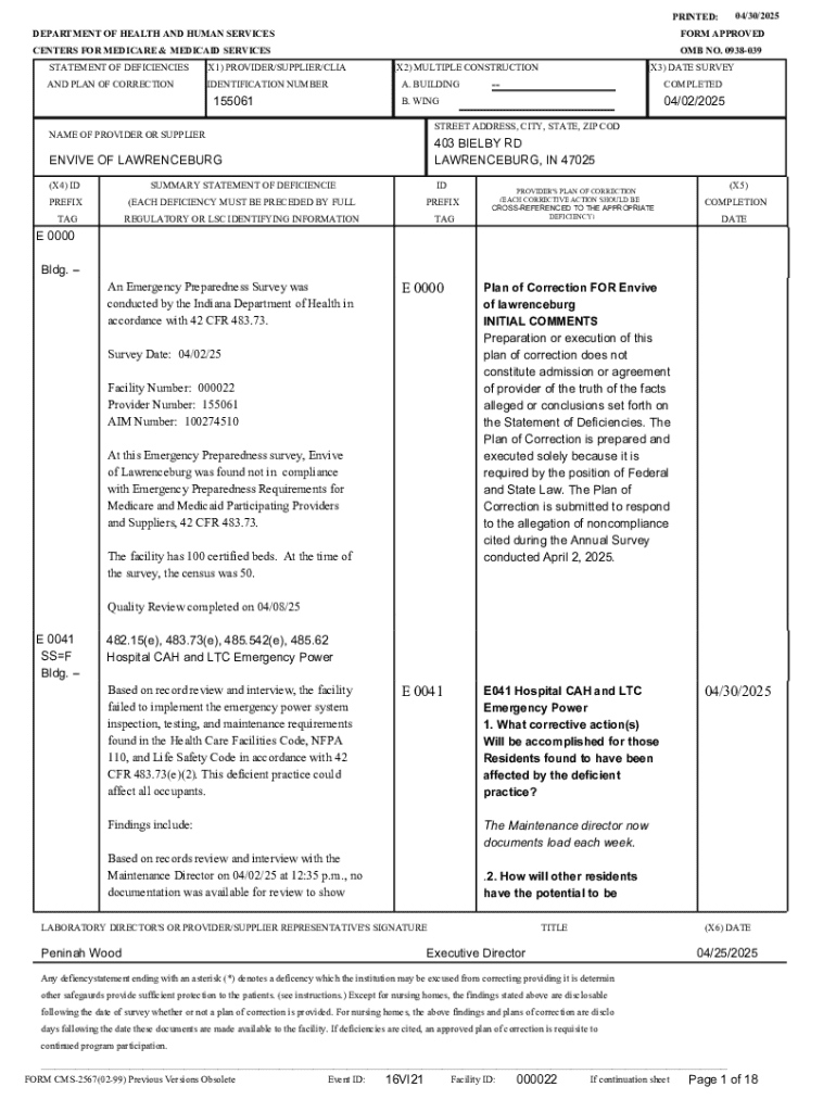 Fillable Online Plan of Correction FOR Envive Fax Email Print - pdfFiller