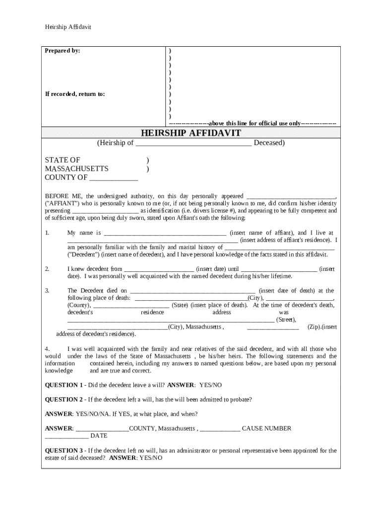 Fillable Online Free Affidavit of Heirship Form - PDFWord - eForms Fax Email Print - pdfFiller