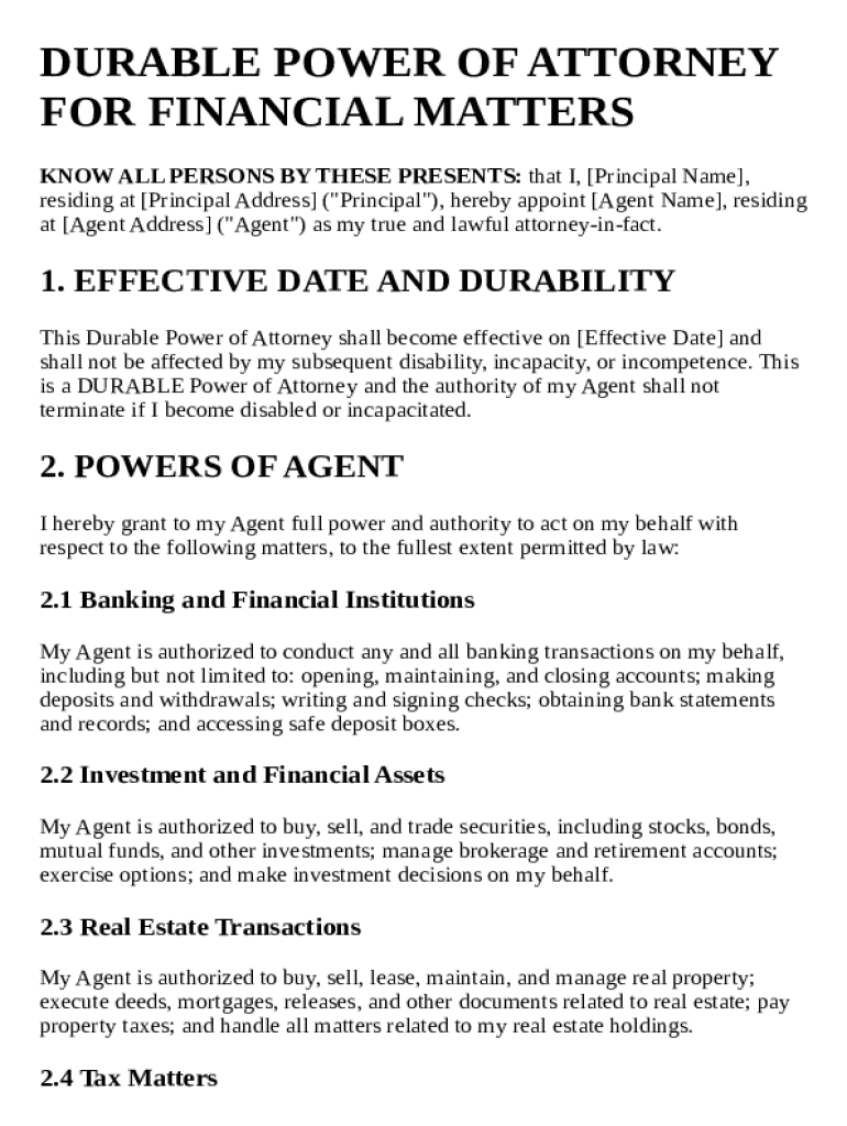 Durable Power of Attorney for Financial Matters Template - Blank ...
