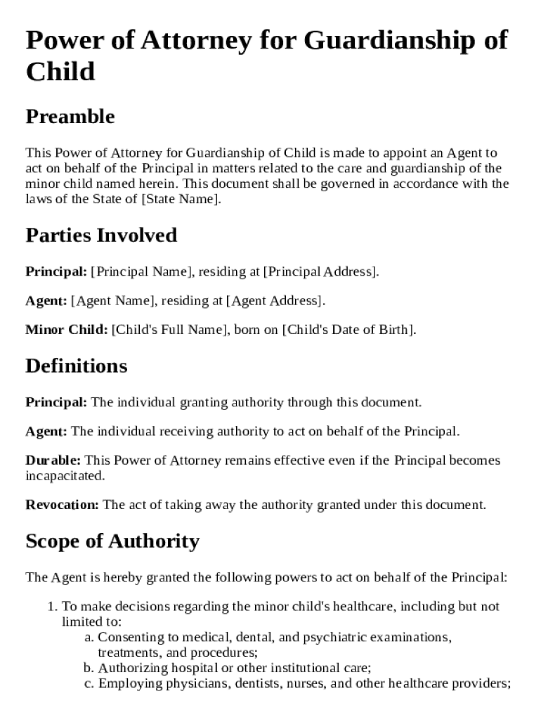Fillable Online Power of Attorney for Guardianship of Child Template ...