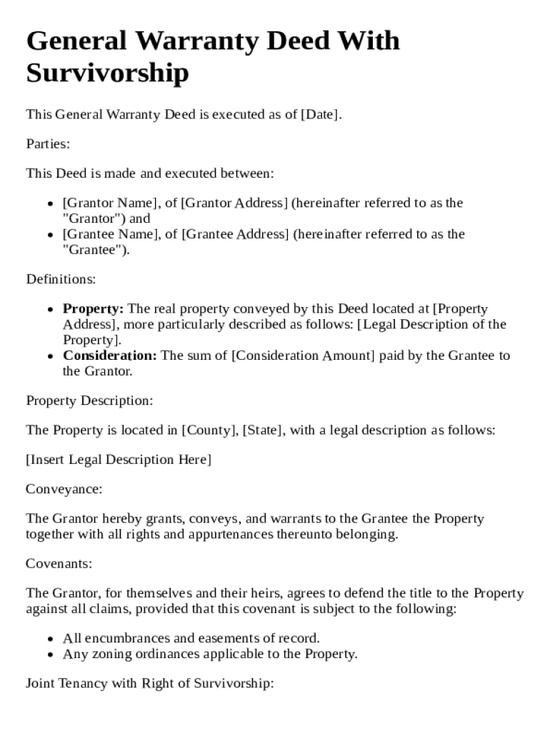 Fillable Online General Warranty Deed With Survivorship Template Fax ...