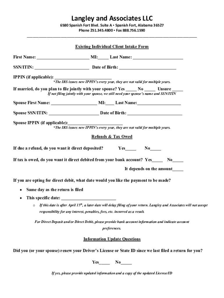 Fillable Online Existing Individual Client Intake Form Fax Email Print - pdfFiller