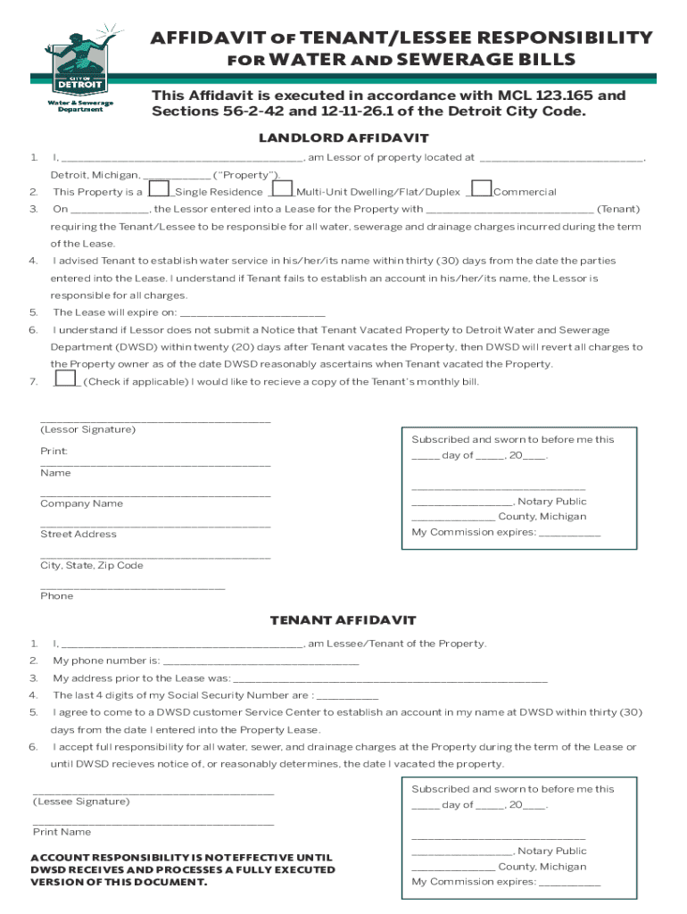 Fillable Online Affidavit of Lessee Responsibility for Water and ...