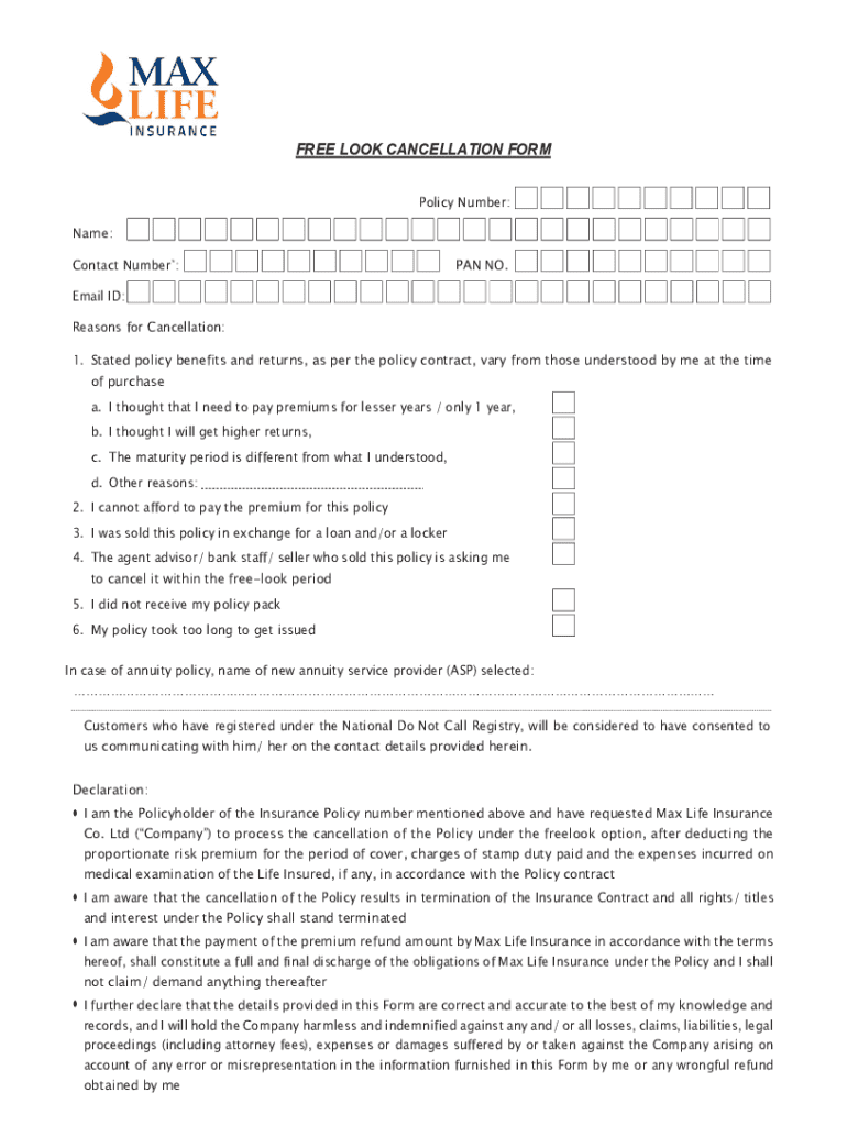 Fillable Online freelook cancellation request form -... Fax Email Print ...