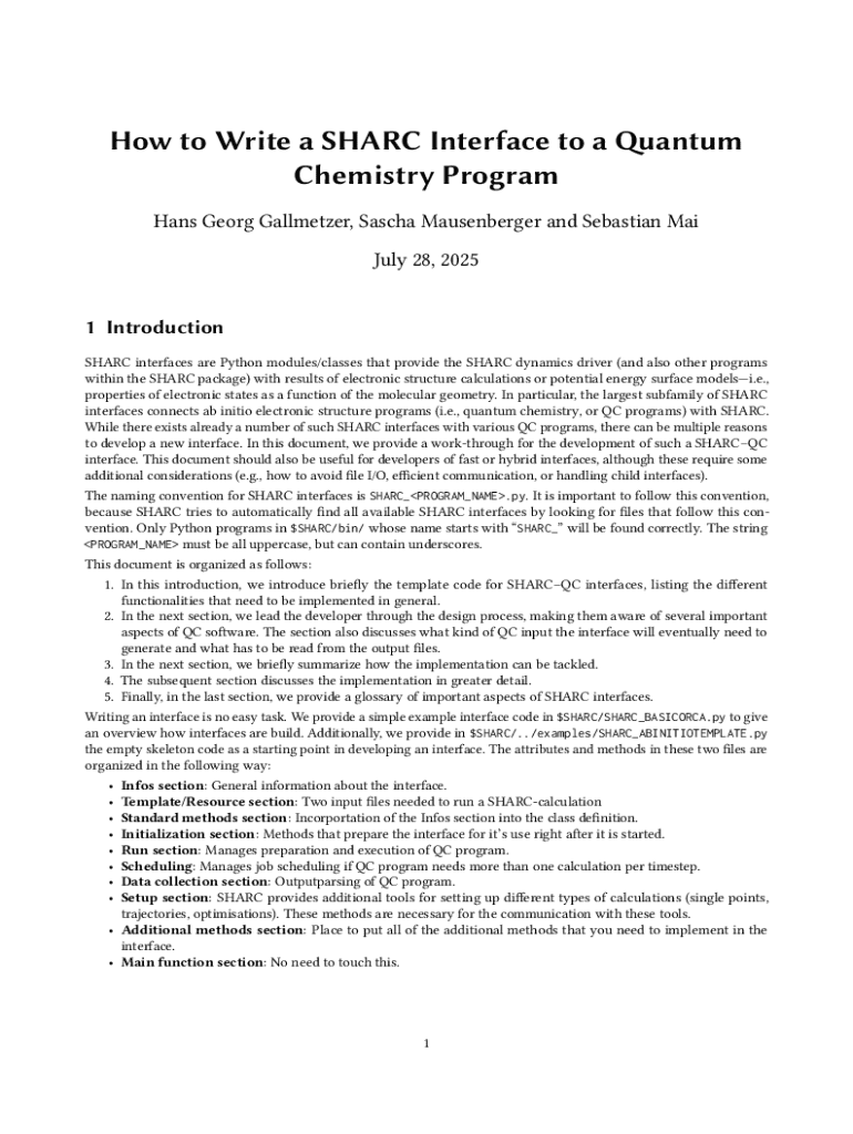 Fillable Online How to Write a SHARC Interface to a Quantum Chemistry ... Fax Email Print ...