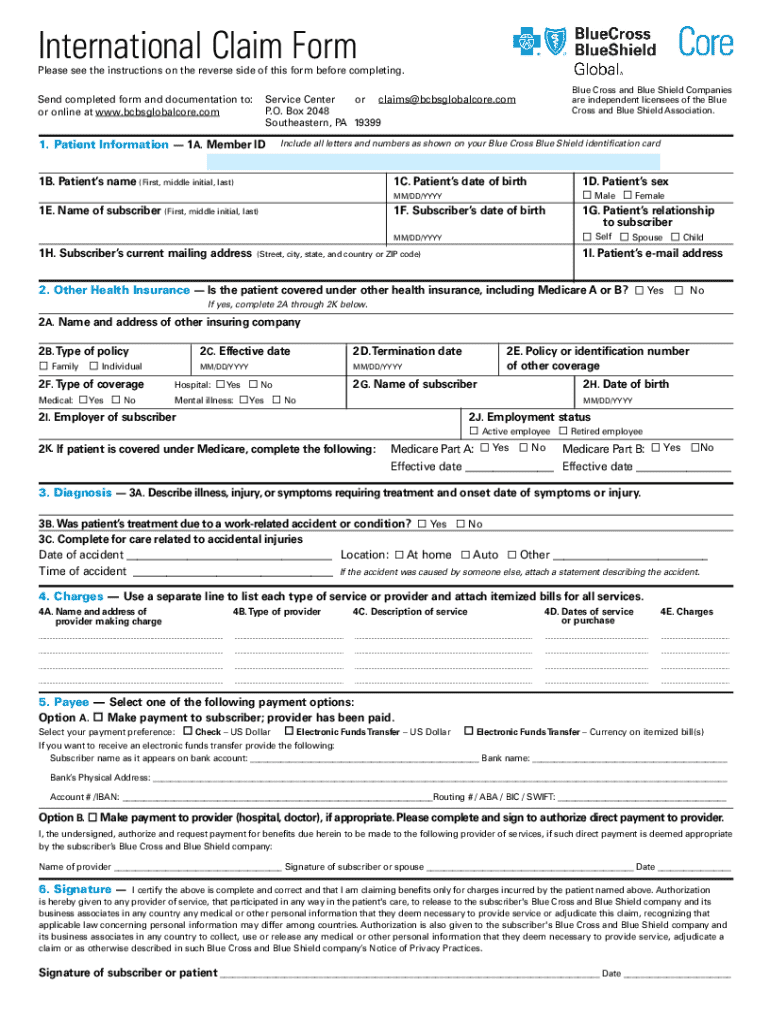 Fillable Online 2023-2025 BCBS Global International Claim Form Fill Online ... Fax Email Print ...