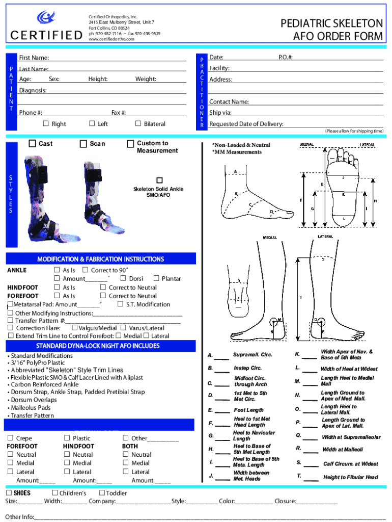 Fillable Online PEDIATRICSKELETON AFO ORDER FORM Fax Email Print ...
