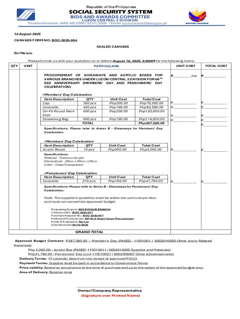 Fillable Online CANVASS FORM NO: BOC-2025-004 Fax Email Print - pdfFiller