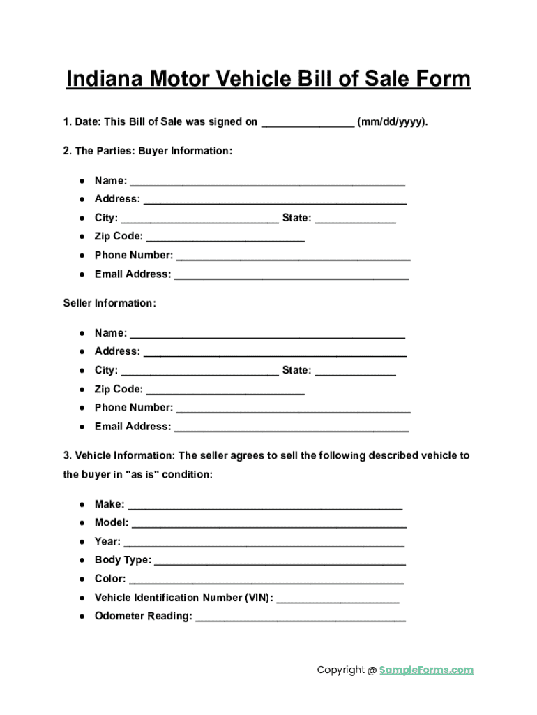 Fillable Online Indiana Motor Vehicle Bill of Sale Fax Email Print ...