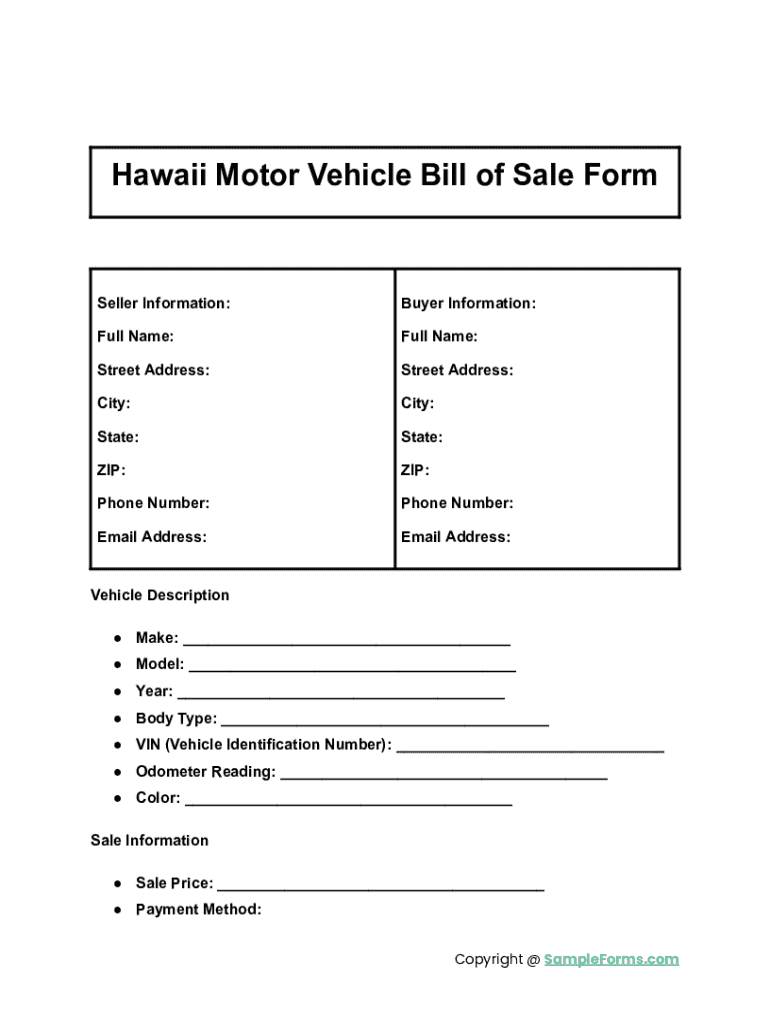 Fillable Online Hawaii Motor Vehicle Bill of Sale Fax Email Print - pdfFiller