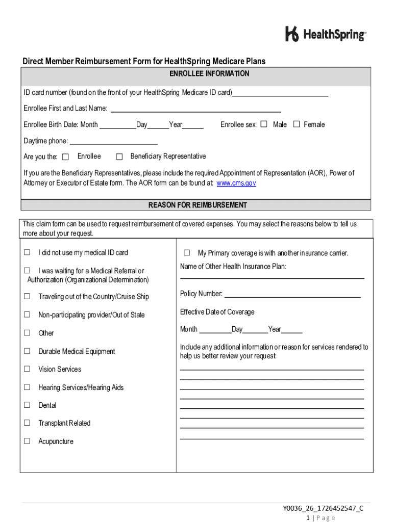 Fillable Online Direct Member Reimbursement Form for HealthSpring ...