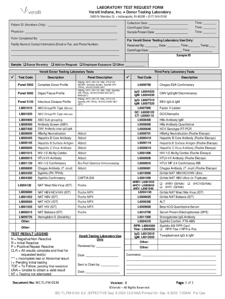 Fillable Online Versiti Indiana, Inc. Donor Testing Laboratory Fax ...
