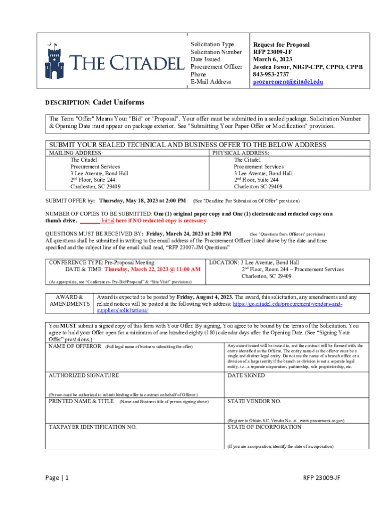 Fillable Online SOLICITATION TITLE: RFP 23009-JF - Cadet Uniforms Fax Email Print - pdfFiller