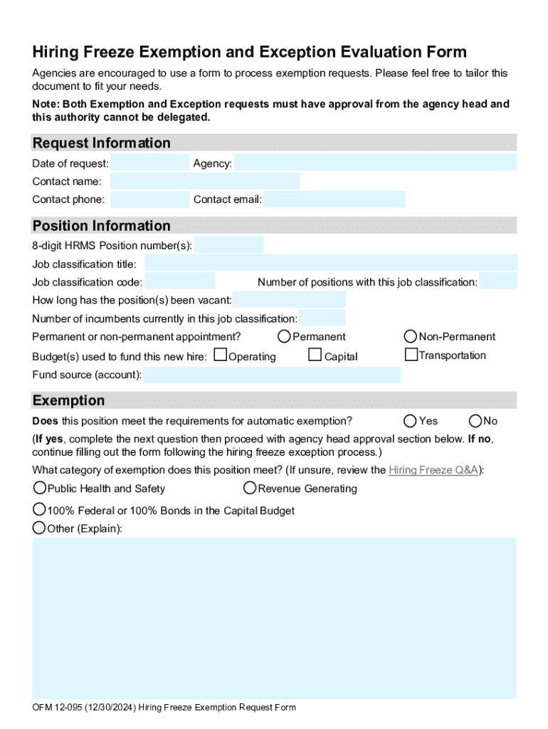 Fillable Online Hiring Freeze Exemption and Exception Evaluation Form ...