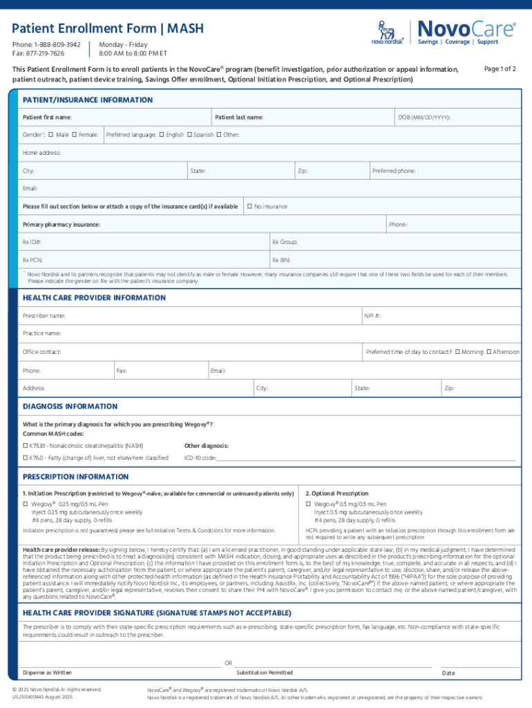 Fillable Online Patient Enrollment FormMASH Fax Email Print - pdfFiller