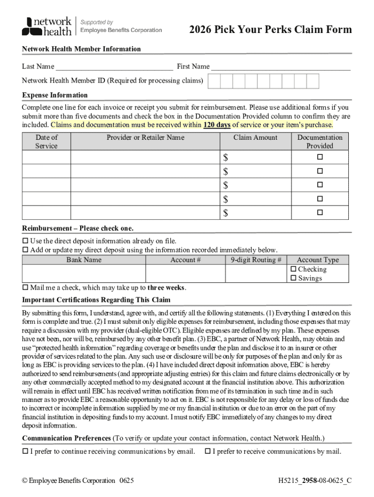 Fillable Online 2026 Pick Your Perks Claim Form Fax Email Print - pdfFiller