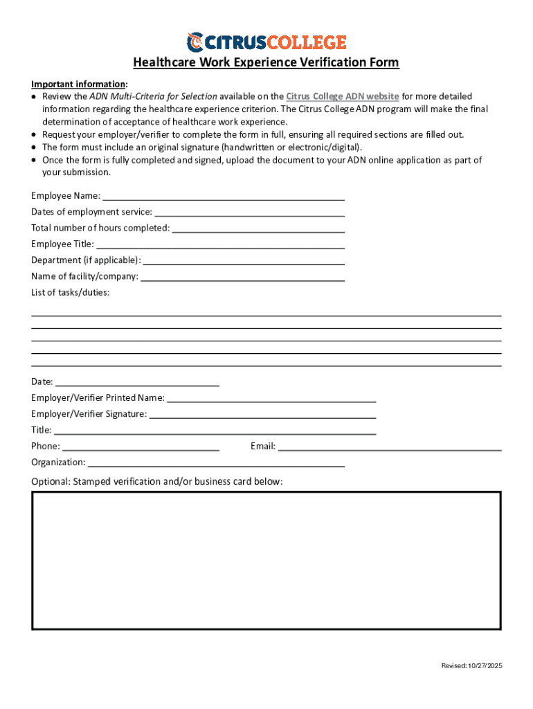 Fillable Online Citrus College Health Sciences Nursing Healthcare Work ...