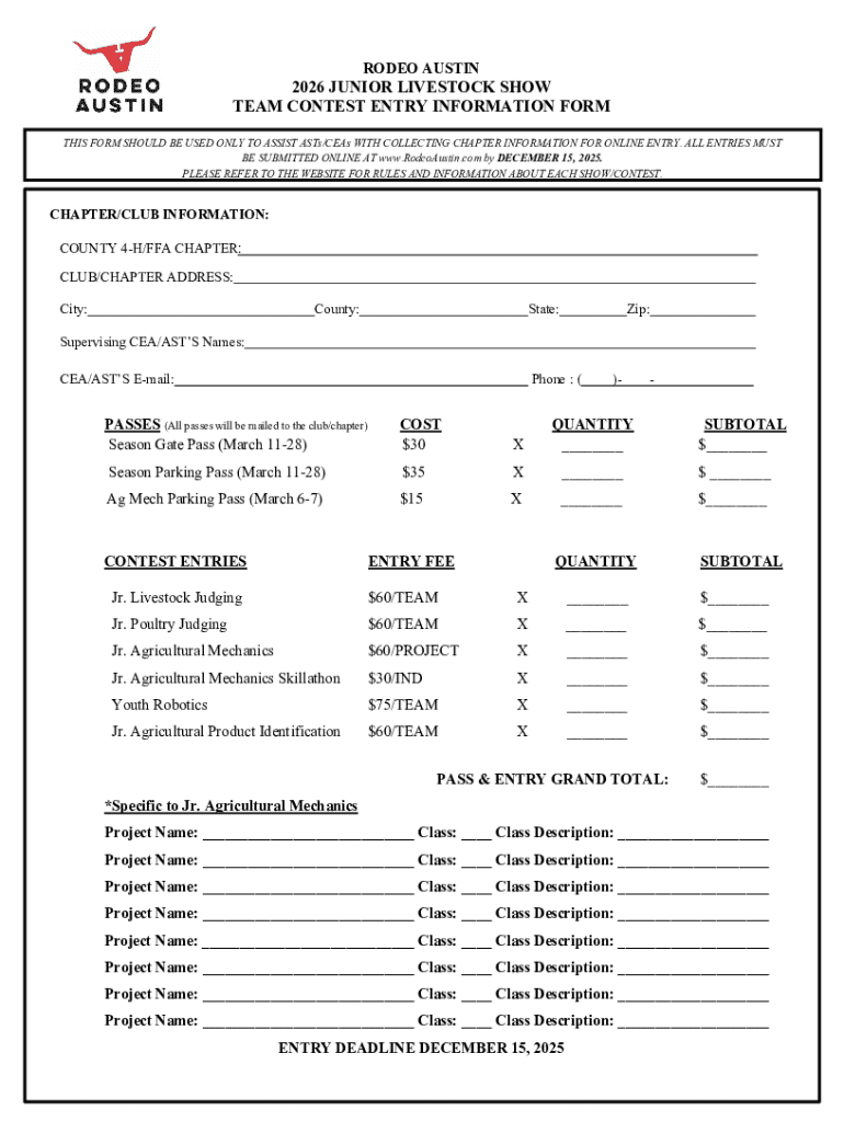 Fillable Online Rodeo Austin 2026 Junior Team Contest Entry Worksheet ...