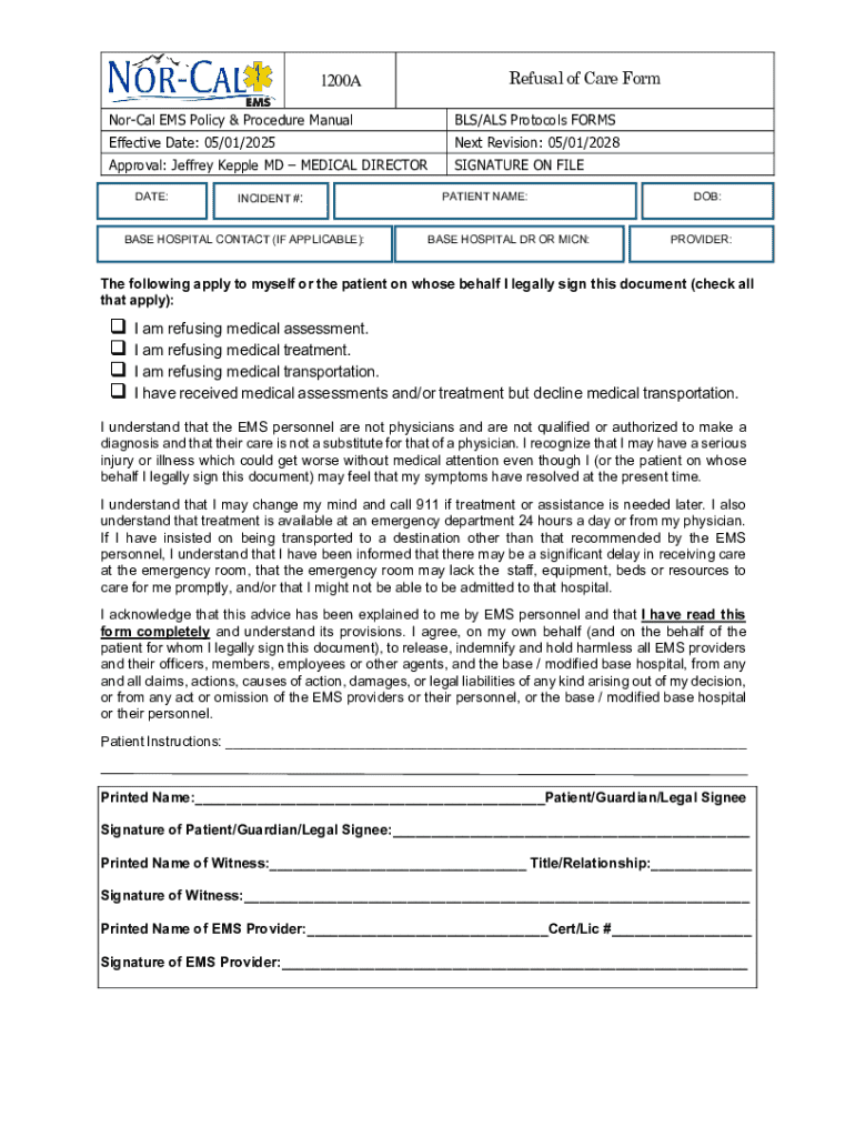 Fillable Online 1200A Refusal of Care Form Fax Email Print - pdfFiller