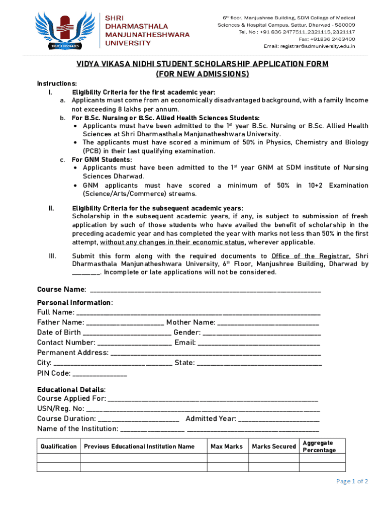 Fillable Online Vidya Vikasa Nidhi Student Scholarship Application Form - For New Admissions Fax ...