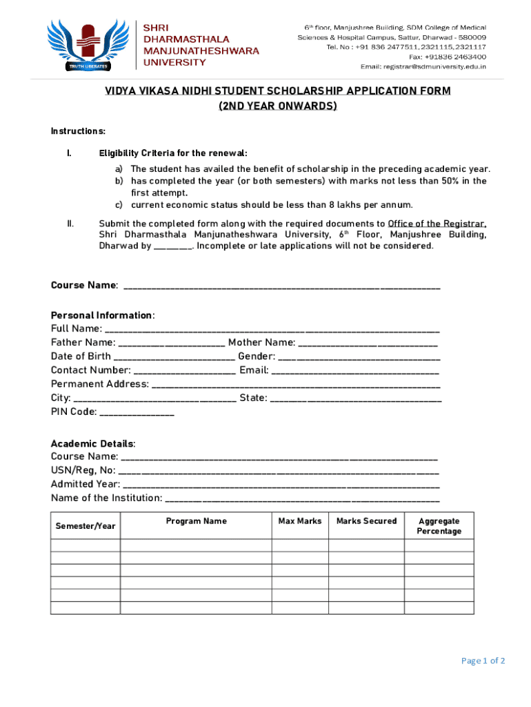 Fillable Online Vidya Vikasa Nidhi Student Scholarship Application Form ...