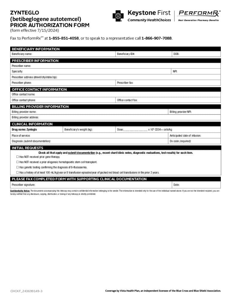 Fillable Online Zynteglo Prior Authorization Form - Pharmacy -Keystone ...