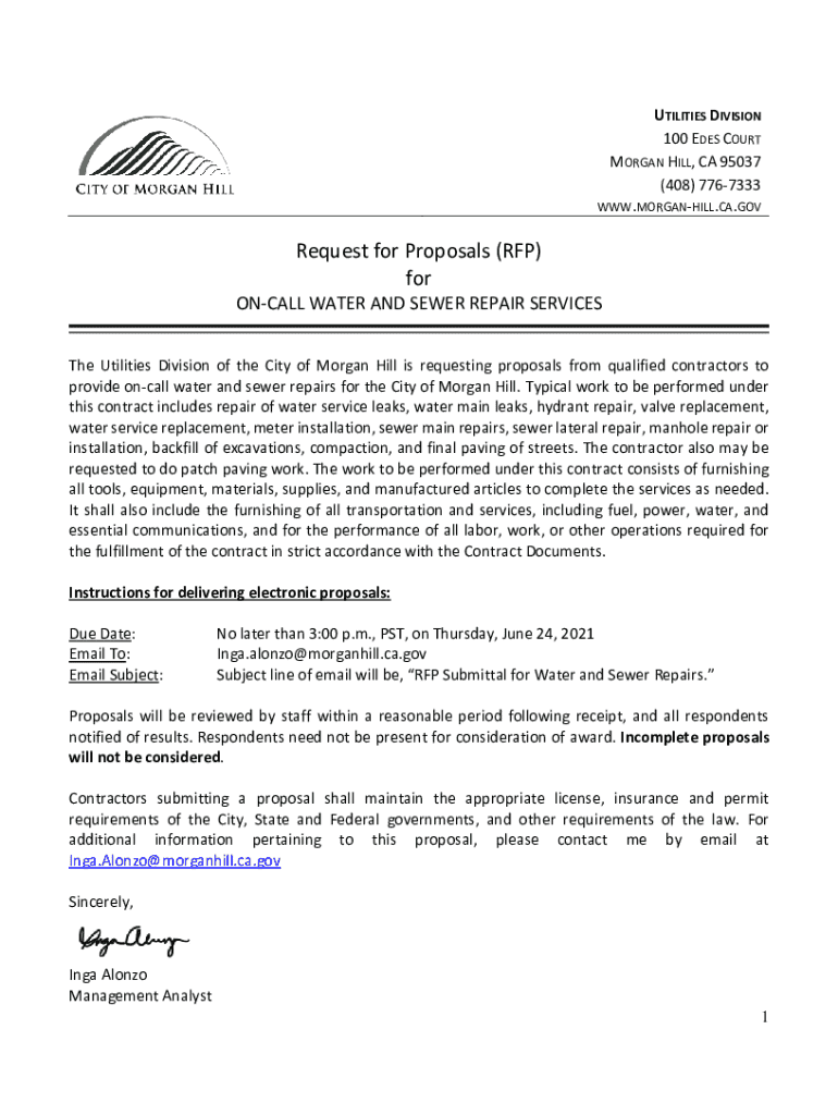 Fillable Online Request for Proposals (RFP) for - ON-CALL WATER AND SEWER ... Fax Email Print ...