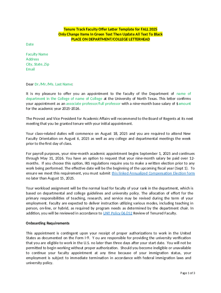 Tenured Faculty Offer Letter Template-Fall 2025 - UNT Provost - vpaa ...