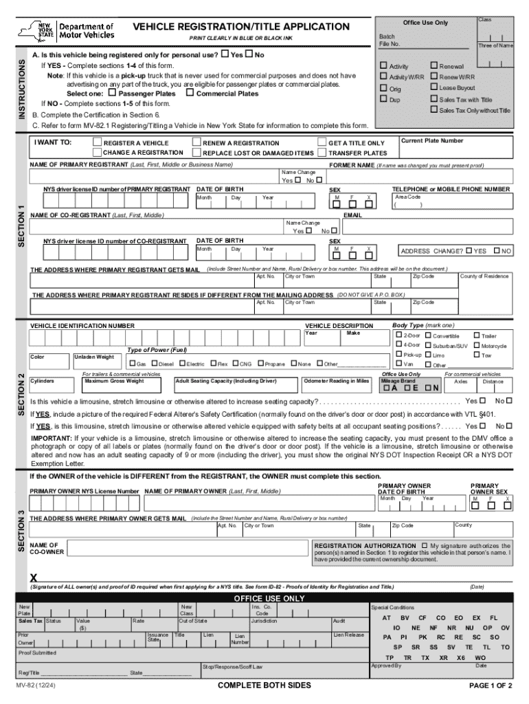 MV-82: VEHICLE REGISTRATION TITLE APPLICATION (PDF): Fill out & sign ...