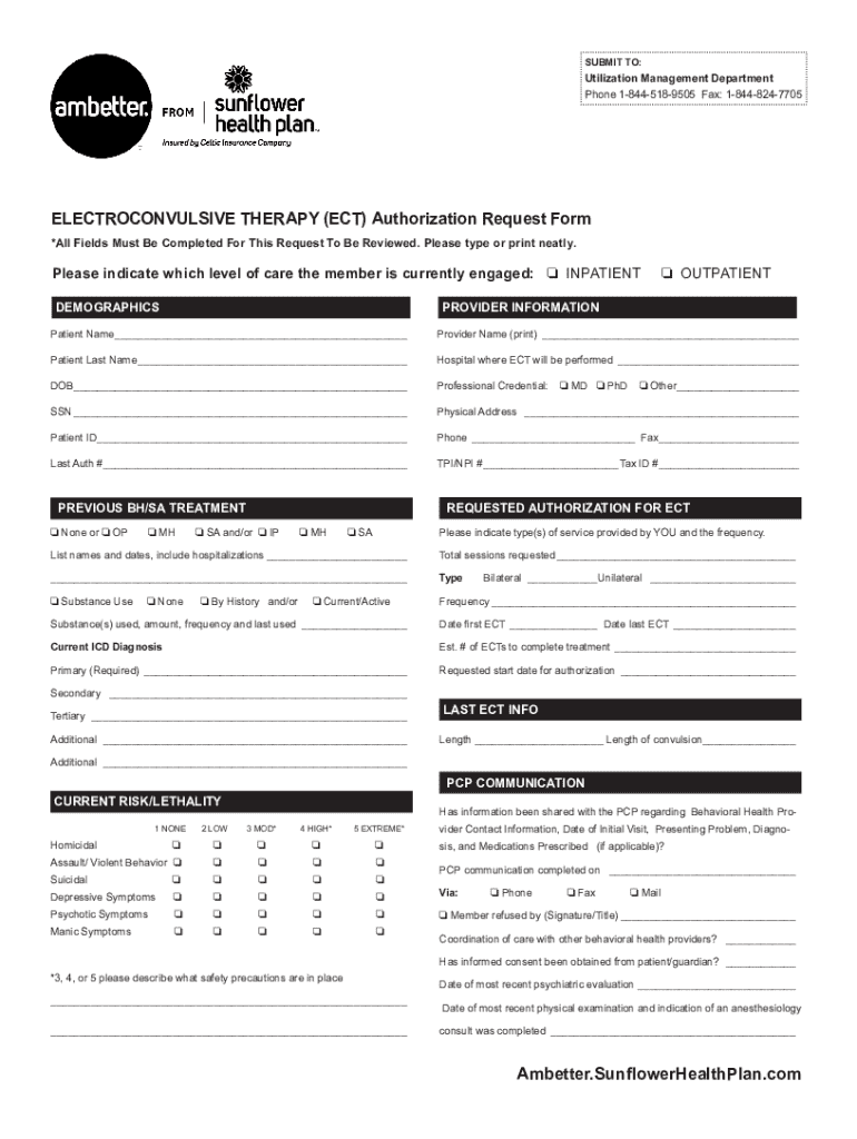 Fillable Online Sunflower Health Plan - Electroconvulsive Therapy (ECT ...