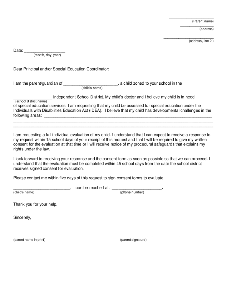 Rellenable en línea Ejemplo de la Carta Solicitud para una Evaluacin Inicial para ... Fax Email ...