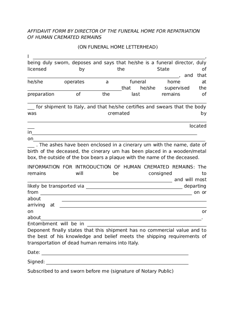 Cremation Authorization Affidavit Doc Template | pdfFiller