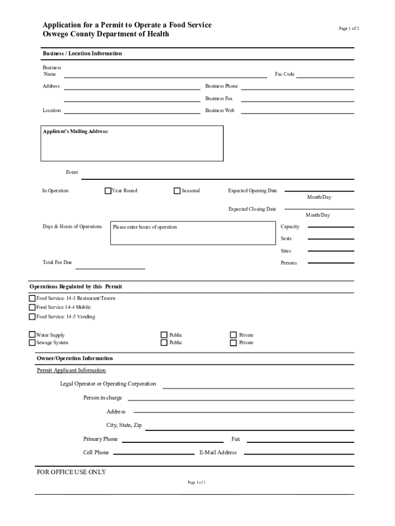 Fillable Online Application for a Permit to Operate a Food Service Oswego ... Fax Email Print ...