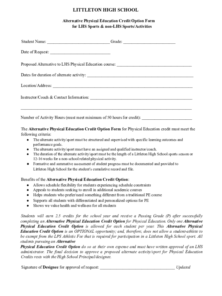 Fillable Online Alternative Physical Education Credit Option Form for ...