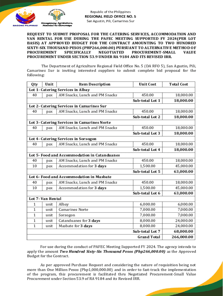 Fillable Online REQUEST TO SUBMIT PROPOSAL FOR THE CATERING SERVICES, ACCOMMODATION AND Fax ...