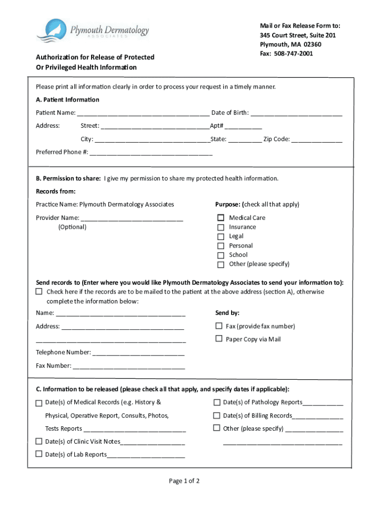 Fillable Online plymouth dermatology associates, p,c. hipaa ...